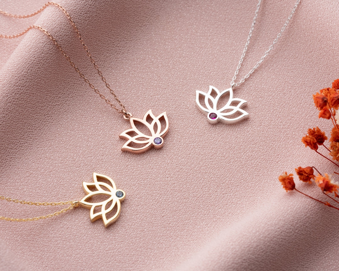 Birthstone Lotus Flower Necklace in Silver, Lotus Pendant, Lotus ...