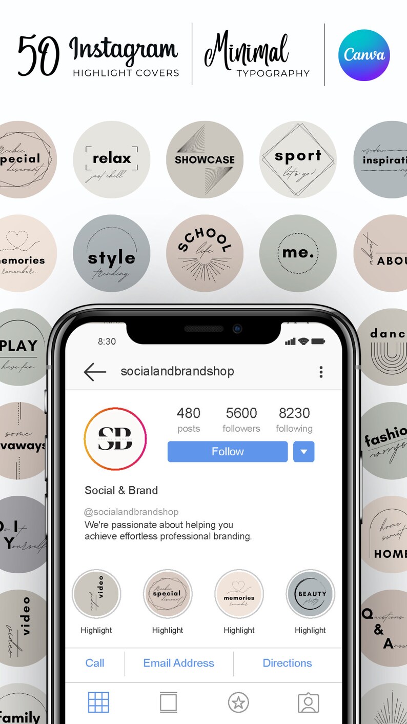 50 Boho Instagram Highlight Covers, Minimalist Icons (canva Template ...