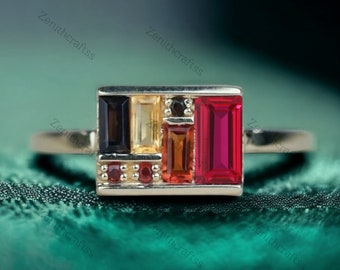 Unique Multi Gemstone Box Ring 14K Solid Gold Baguette Garnet - Etsy