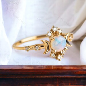 Natural Inspired Fire Opal Engagement Ring Moon Design Yellow Gold ...