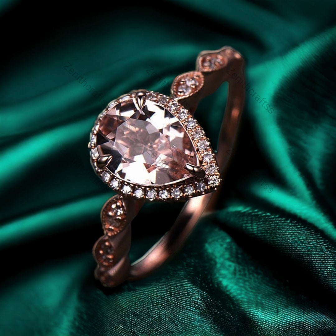 Vintage Teardrop Morganite Ring, Promise Ring for Women, 18K Rose Gold ...