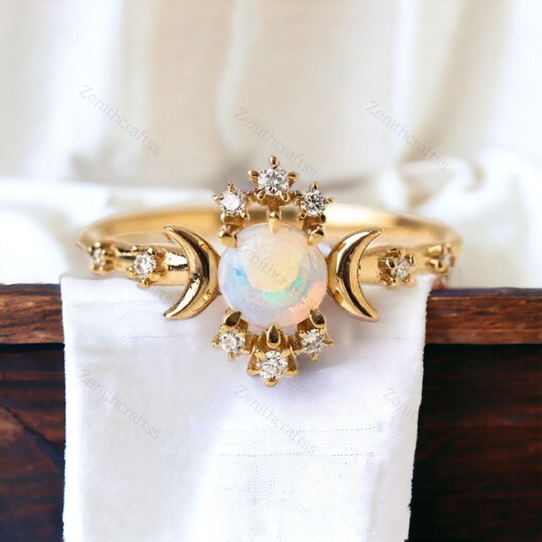 Natural Inspired Fire Opal Engagement Ring Moon Design Yellow Gold ...