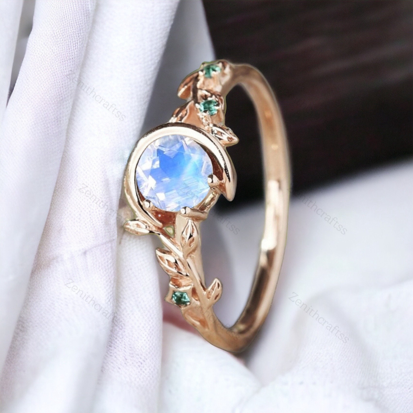 Crescent Moon Ring, Rainbow Moonstone Engagement Ring, 14K Rose Gold ...