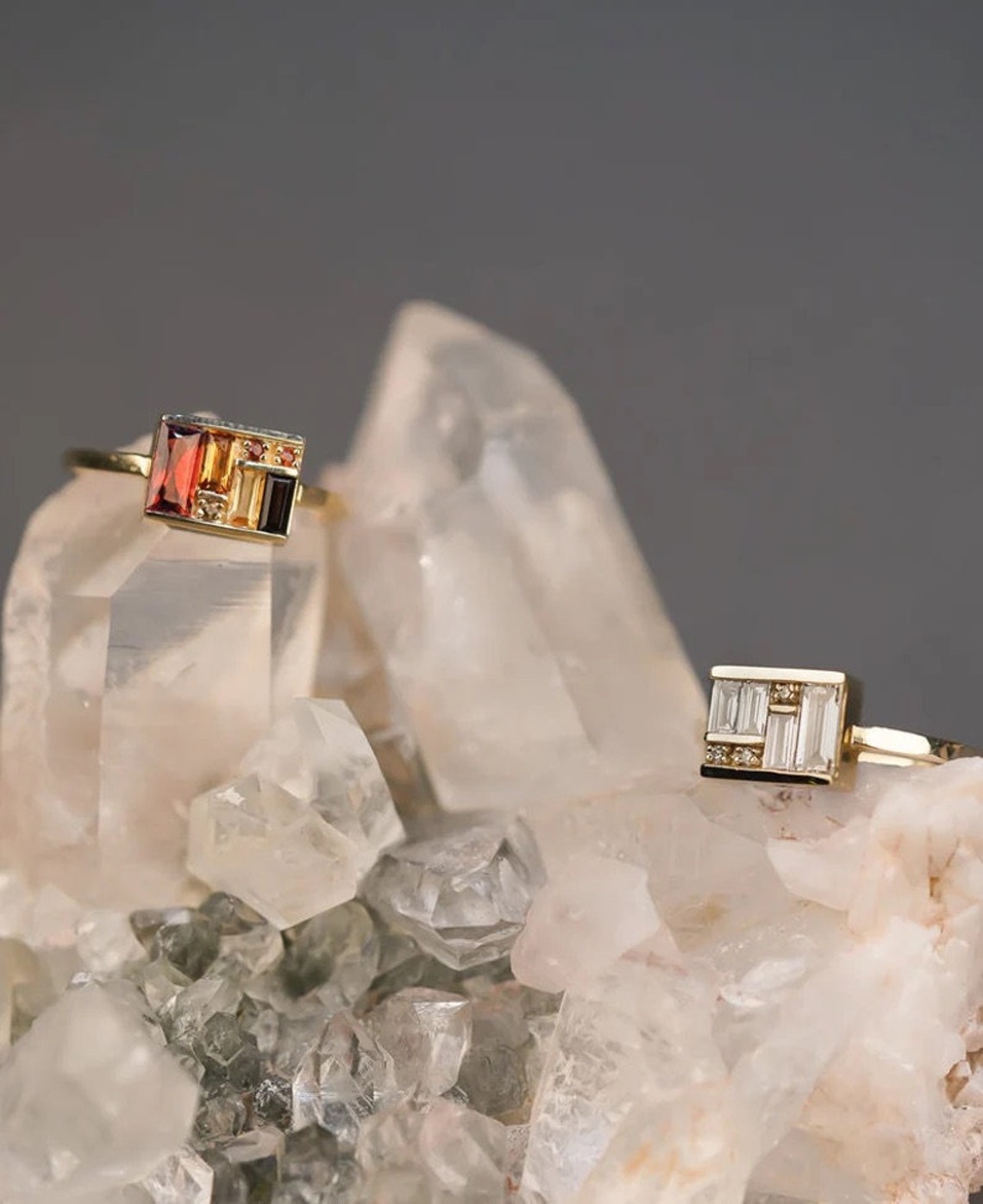 Unique Multi Gemstone Box Ring 14K Solid Gold Baguette Garnet - Etsy