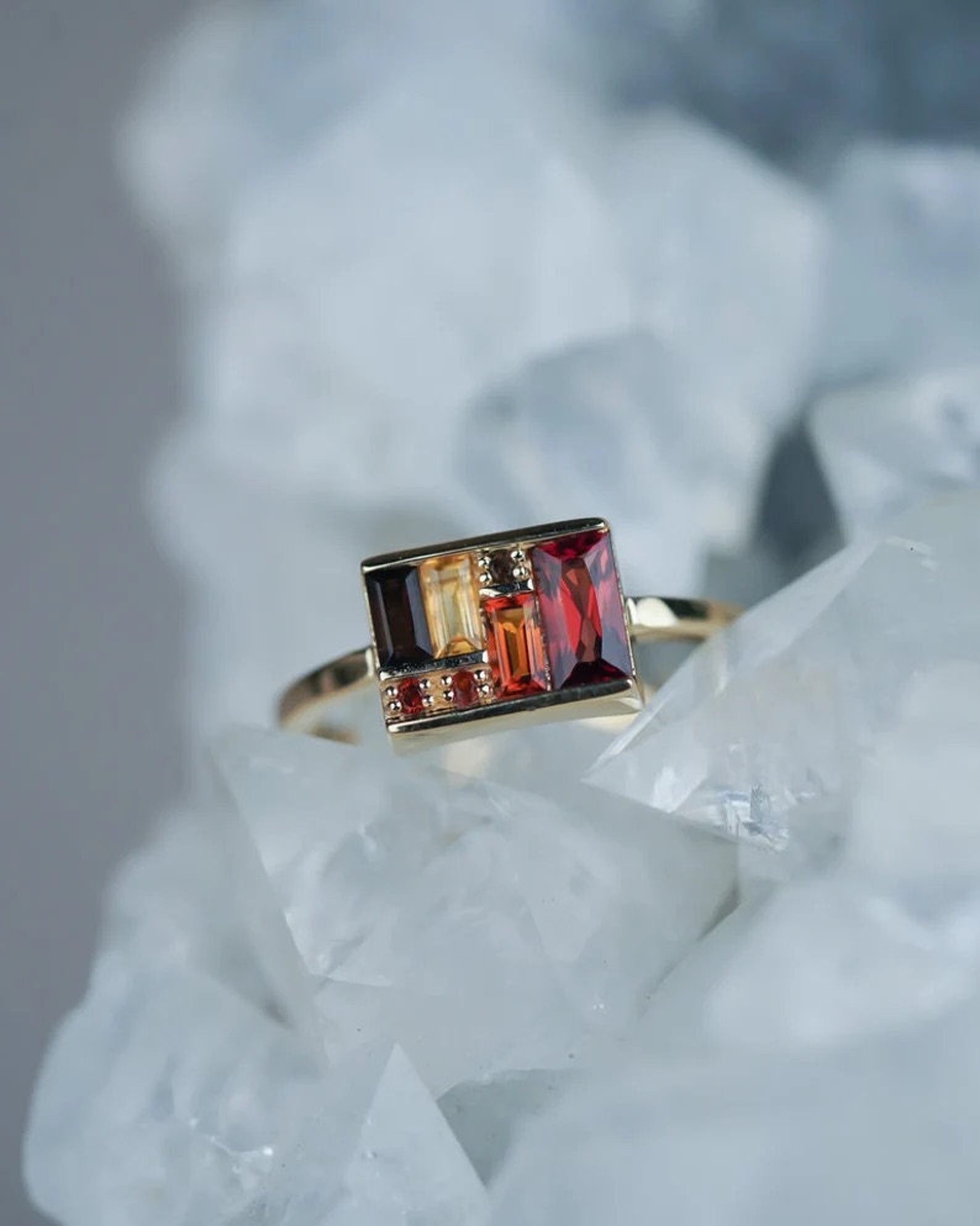 Unique Multi Gemstone Box Ring, 14K Solid Gold Baguette Garnet ...