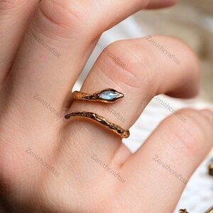 18k Yellow Gold Snake Textured Ring, Cute Serpent Ring Natural Moonstone Snake Ring Cute Snake ...