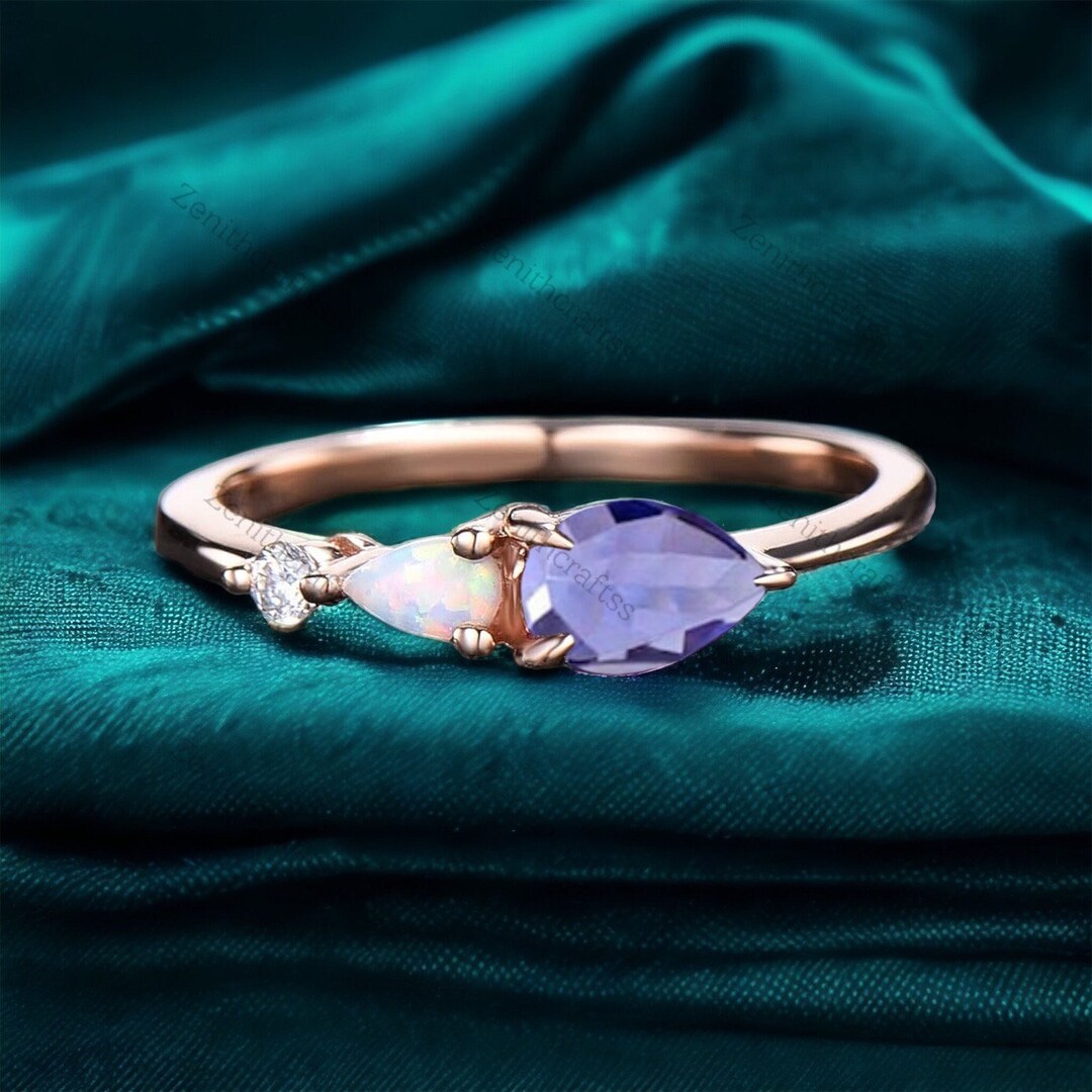 Pear Cut Tanzanite Opal Engagement Ring, Vintage Gems Art Deco Diamond ...
