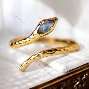 18k Yellow Gold Snake Textured Ring, Cute Serpent Ring Natural Moonstone Snake Ring Cute Snake ...