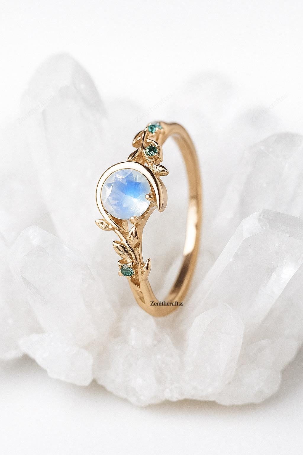 Crescent Moon Ring, Rainbow Moonstone Engagement Ring, 14K Rose Gold ...