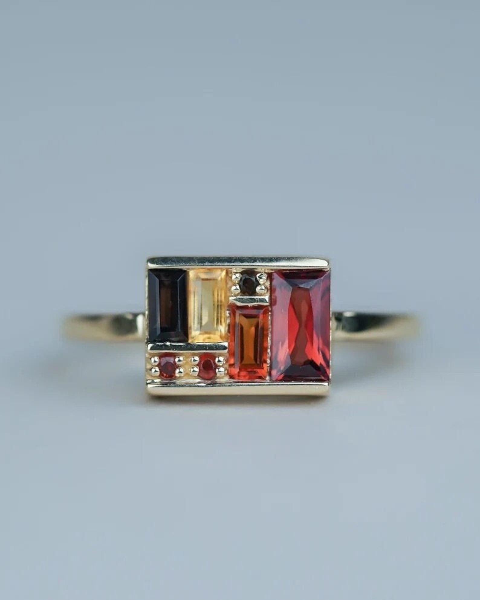 Unique Multi Gemstone Box Ring 14K Solid Gold Baguette Garnet - Etsy