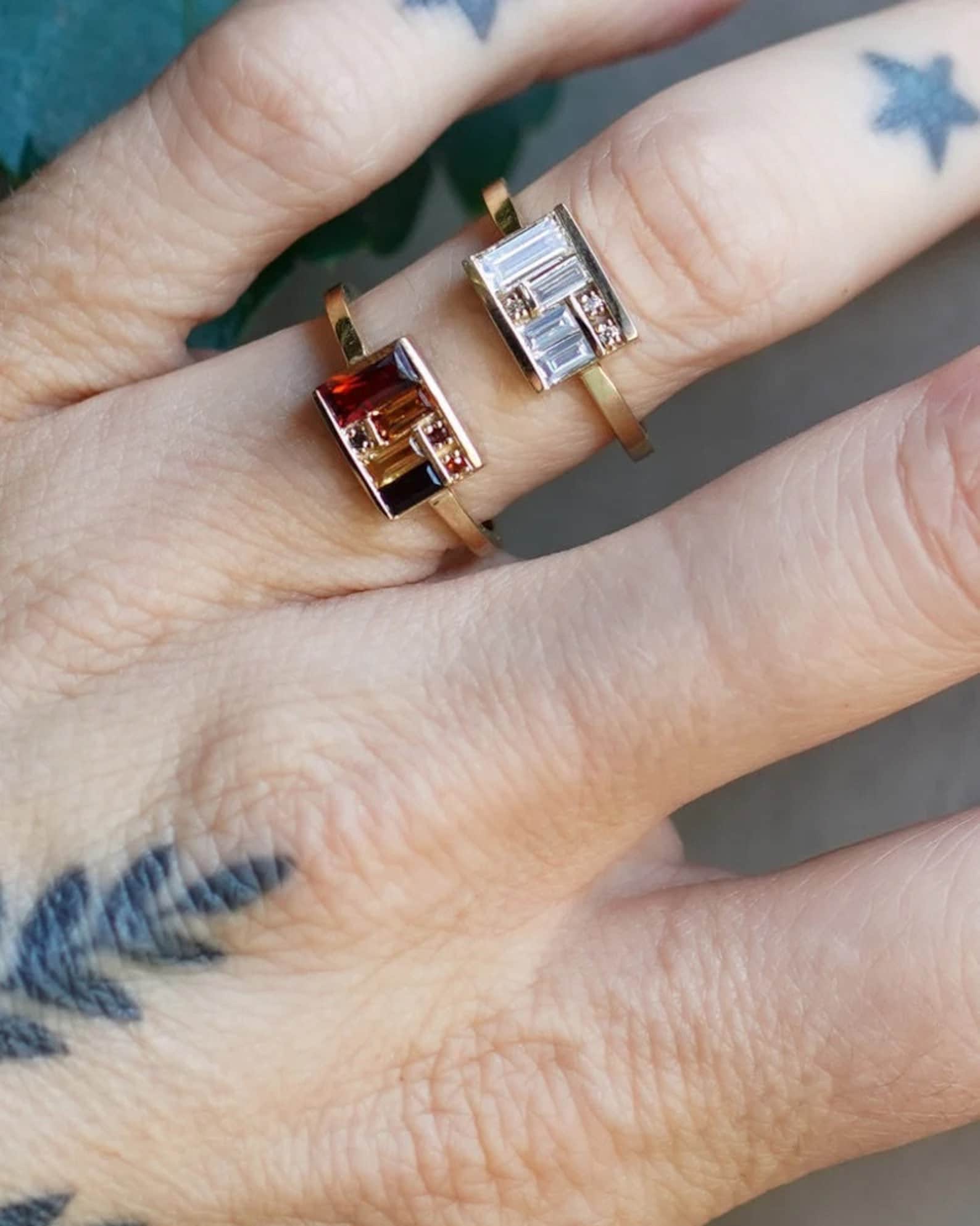 Unique Multi Gemstone Box Ring, 14K Solid Gold Baguette Garnet ...