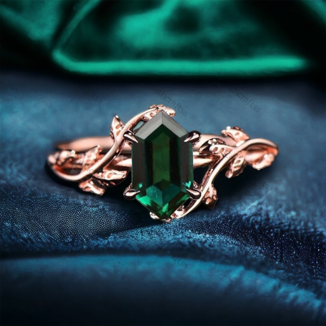 Long Hexagon Emerald Ring, Rose Gold Solitaire Art Deco Ring, Leaf ...