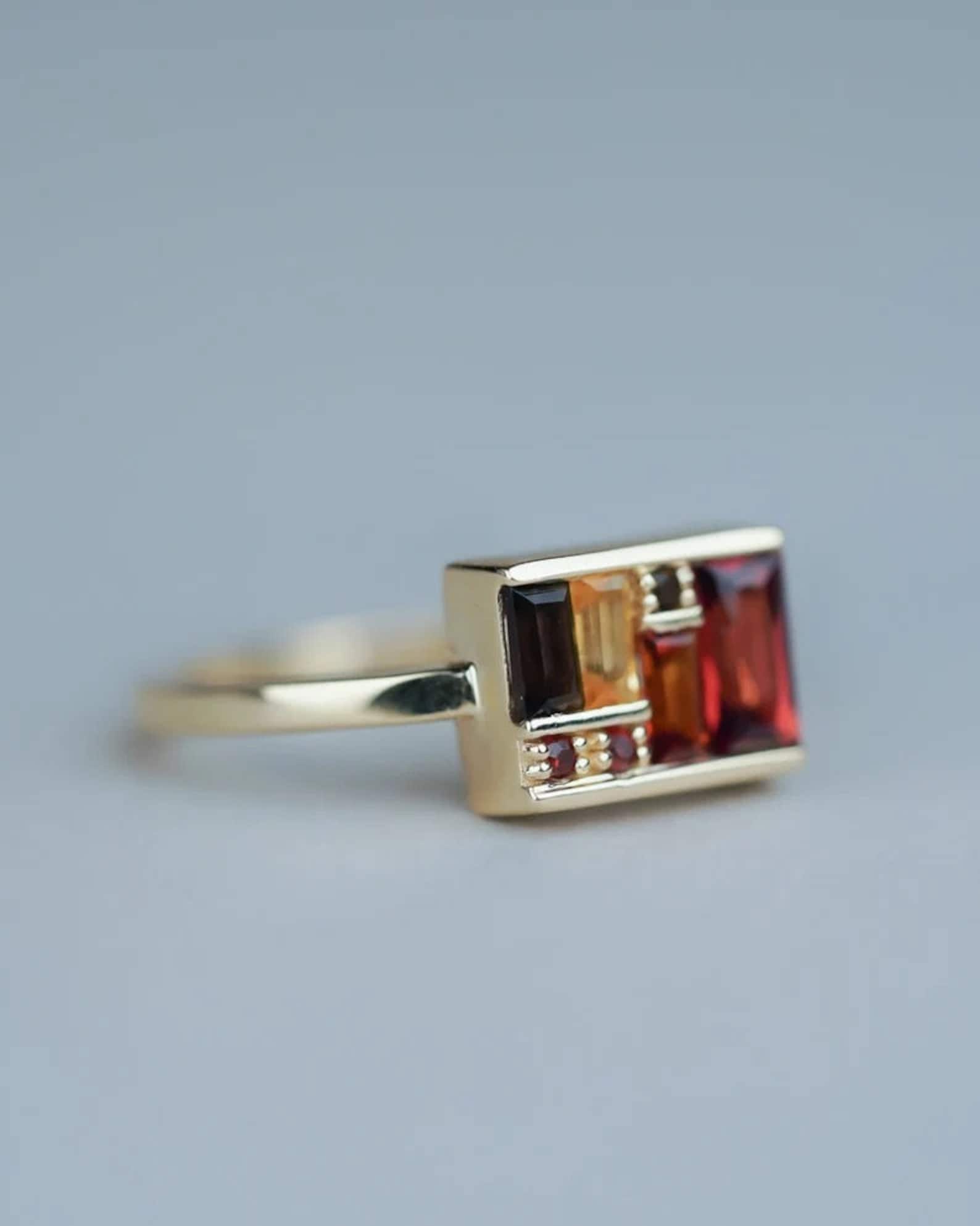 Unique Multi Gemstone Box Ring, 14K Solid Gold Baguette Garnet ...