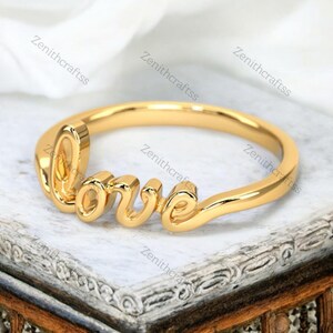 14K Solid Gold Love Ring, Elegant Promise Love Ring for Her, Script Love Ring, Dainty Love Ring ...
