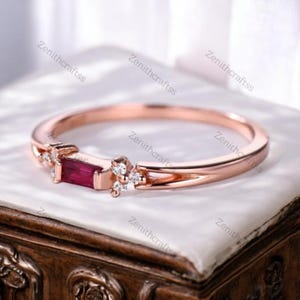 Dainty Simple Ruby Ring Baguette Cut Minimalist Ruby Ring Delicate Bridal Thin Band Ring 18K ...