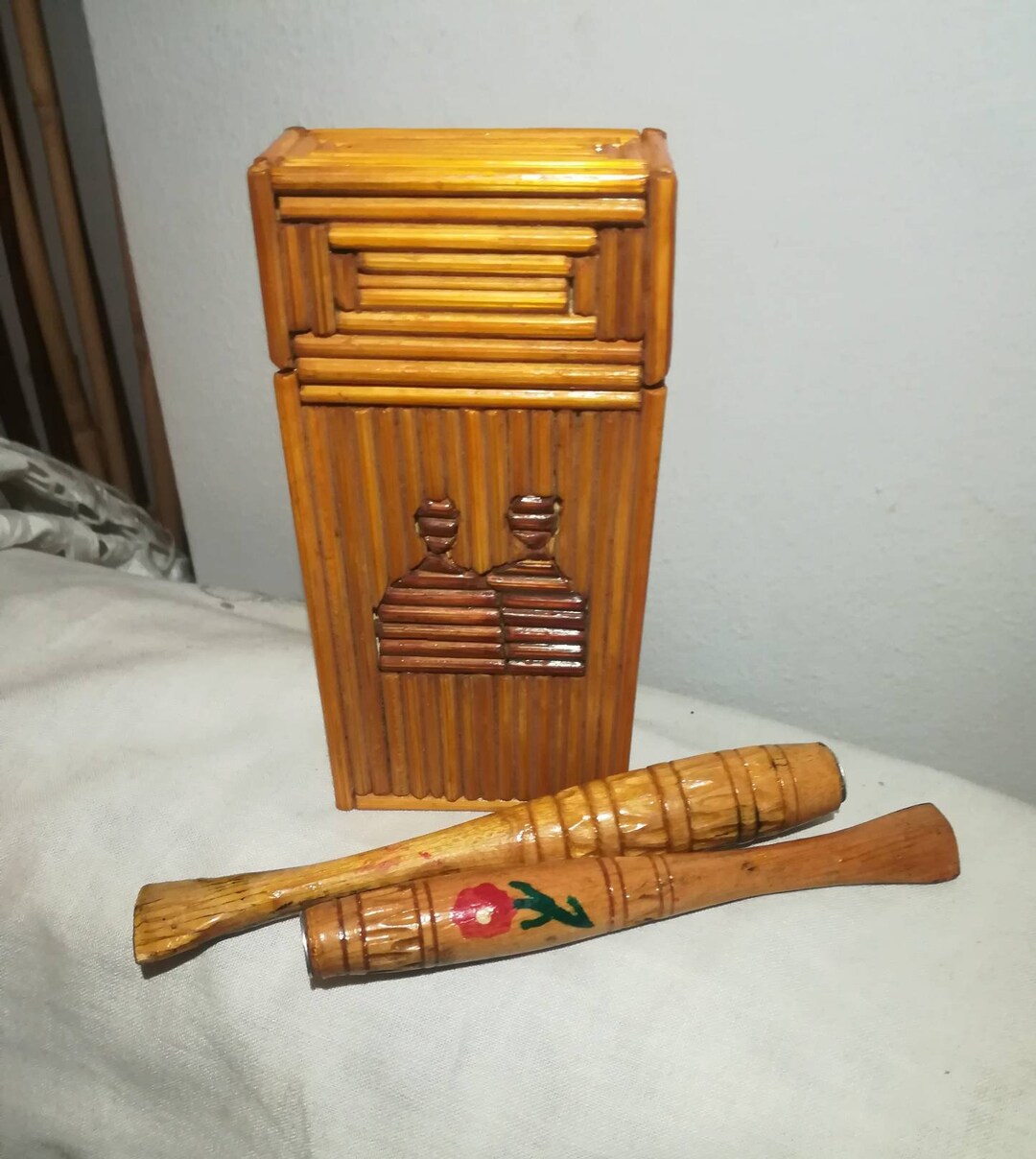 Vintage Bamboo Cigarette Box With 2 Wooden Handpainted and Engraved ...