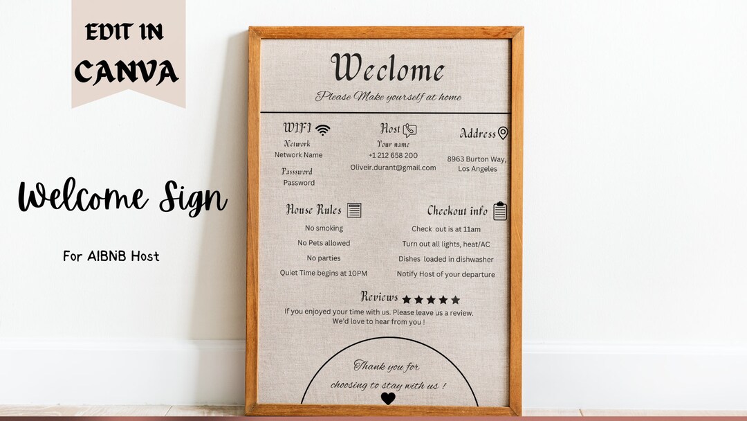 Chic Airbnb Welcome Poster Canva Template Elegant Sign for Airbnb ...