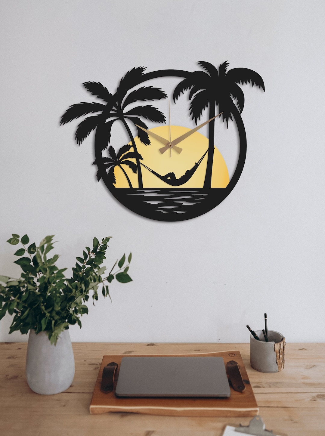 Palm Tree Tropical Clock Metal Wall Art, Beach Hause Clock Wall Decor ...