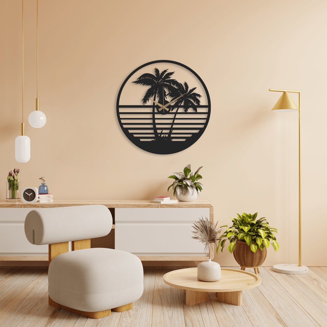 Palm Tree Art Clock, Natural Large Wall Clock, Ocean & Palm Tree ...