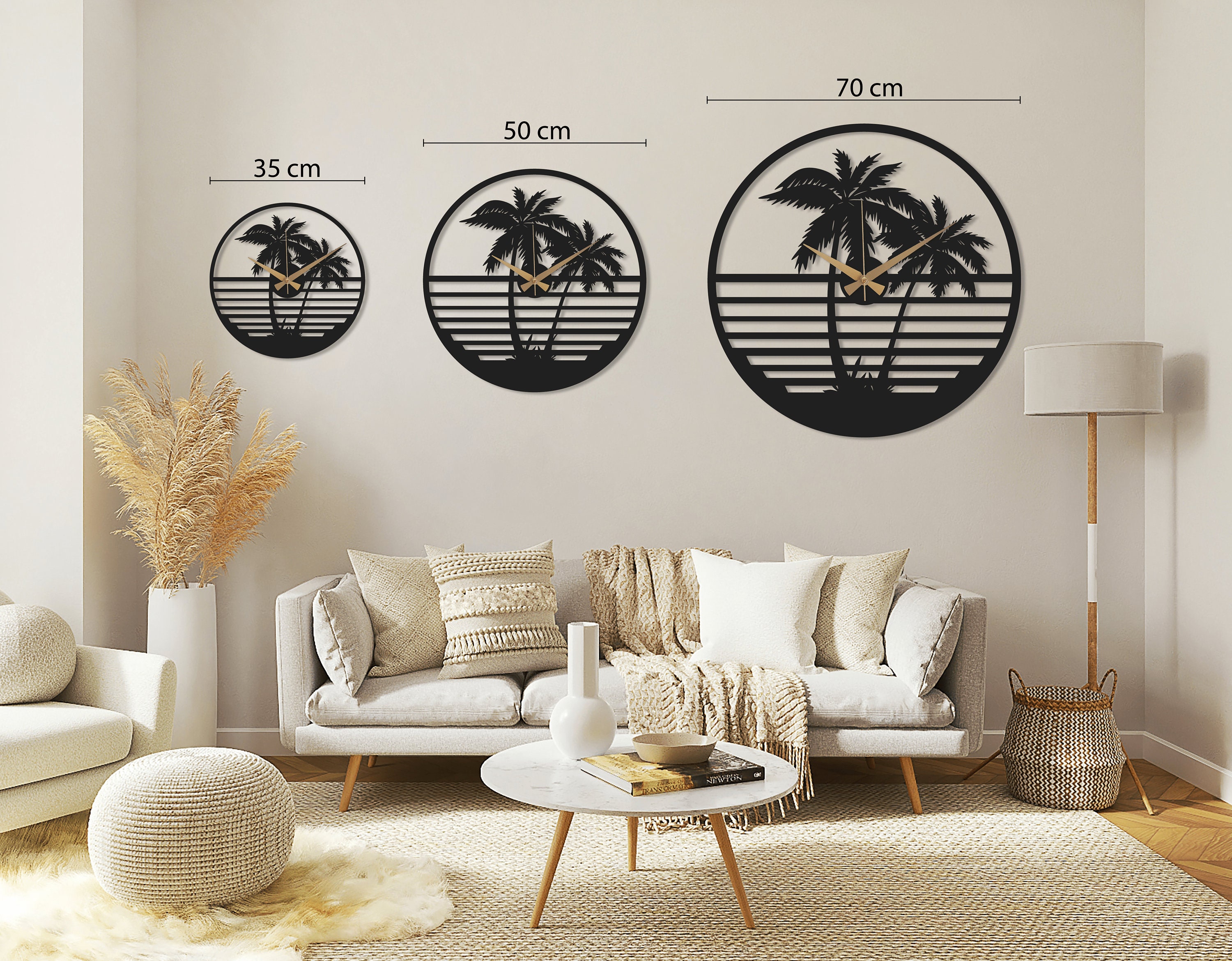 Palm Tree Art Clock, Natural Large Wall Clock, Ocean & Palm Tree ...