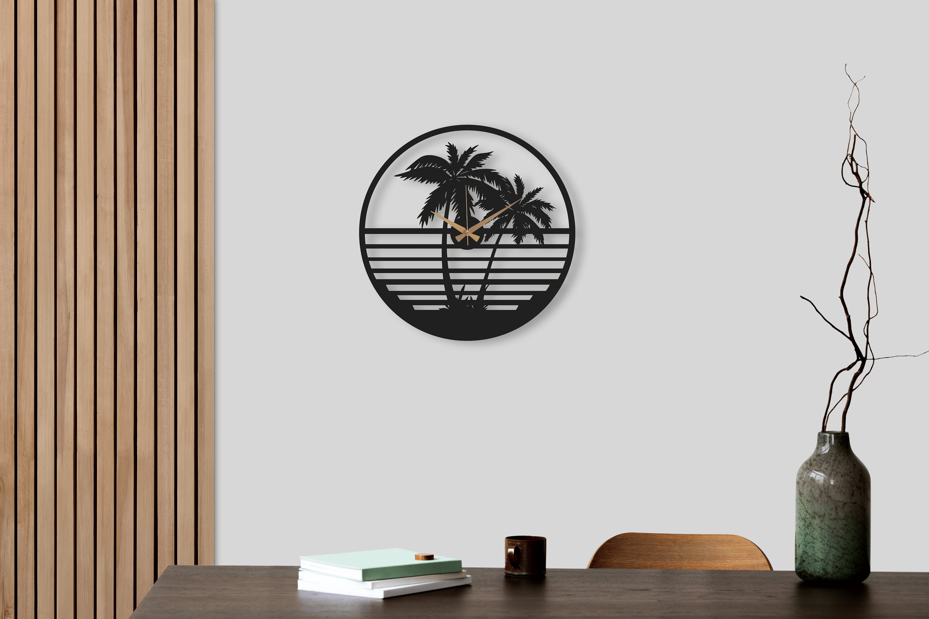 Palm Tree Art Clock, Natural Large Wall Clock, Ocean & Palm Tree ...