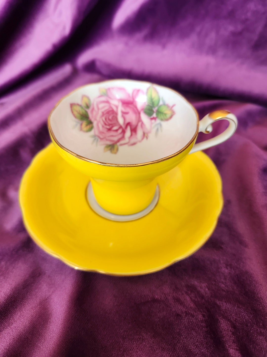 Elegant Bright Yellow and Rose Design Oakwood, Japan, Fine China Teacup ...
