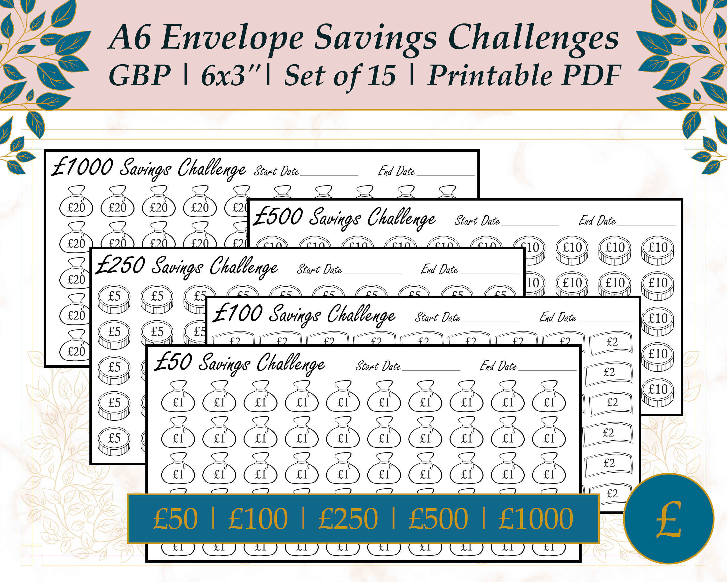 GBP Money Savings Challenge Bundle Pounds Set of 15 3x6 Inch Fits A6 ...