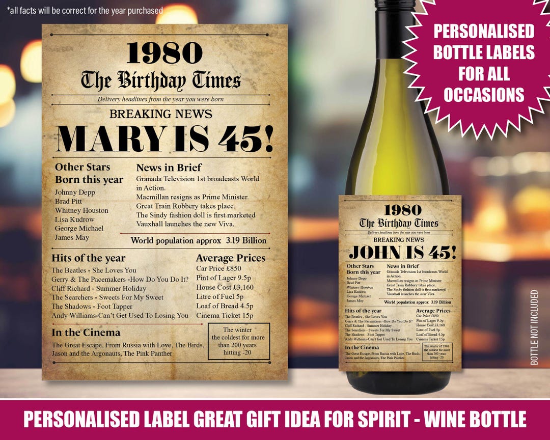 1980 45th Personalised Bottle Label Sticker 45 Years Old UK Custom ...