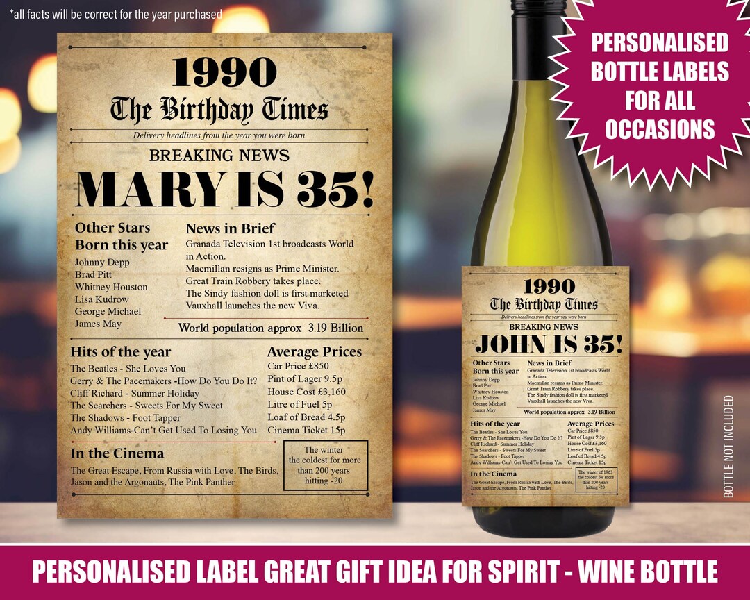 35th Personalised Bottle Label Sticker 1990 35 Years Old UK Custom ...