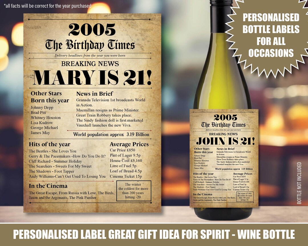21st Personalised Bottle Label Sticker 2005 21 Years Old UK Custom ...