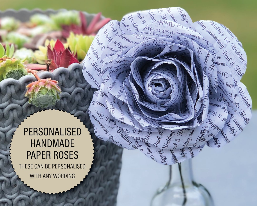 Personalised Paper Flower Rose - Handmade Paper Flowers Bespoke Paper ...