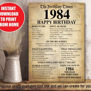 1984 40th Instant Download Digital Birthday Present Gift Idea Printable ...