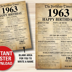 1963 60th BLANK Happy Birthday Facts Poster Print Printable - Etsy