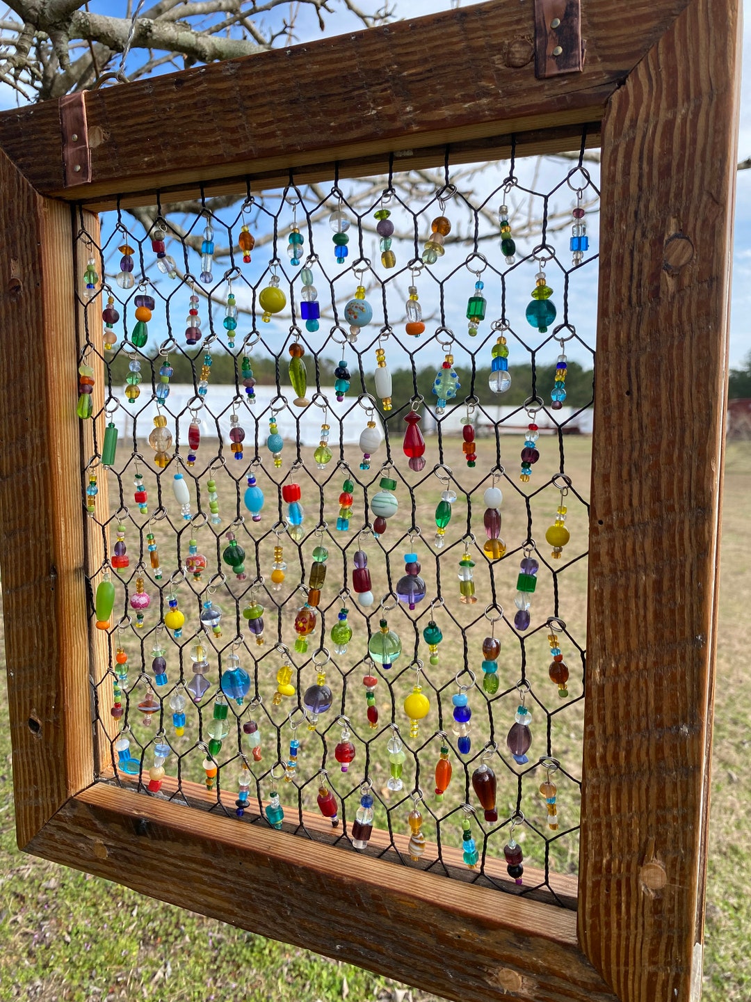 Beaded Chicken Wire Suncatcher With Rustic Heart Pine Frame With Copper ...