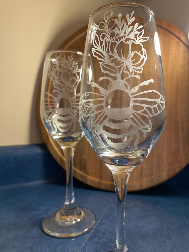 Etched Bumble Bee With Flowers Champagne Glass - Etsy