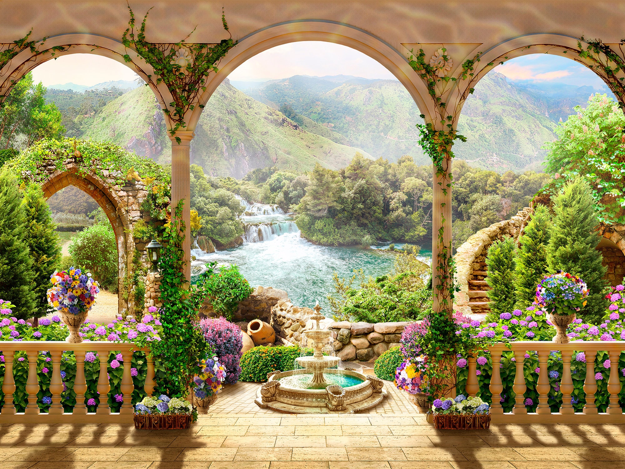 3D Magical Garden Mural | Fantasy Paradise Archway Paper Wallpaper ...