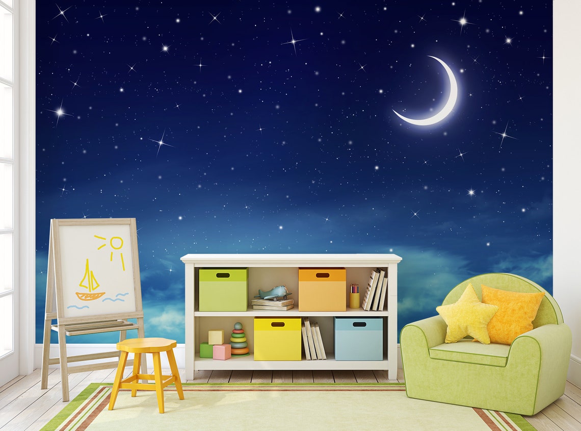 Kids Room and Playroom Wallpaper Mural | Crescent Moon and Stars Night ...