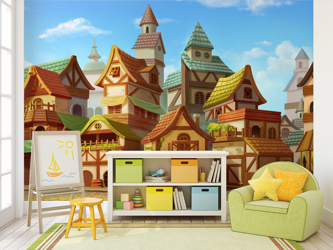 Fantasy Cartoon Village Scene Wall Mural | Blue Sky Dnd Cottages Paper ...