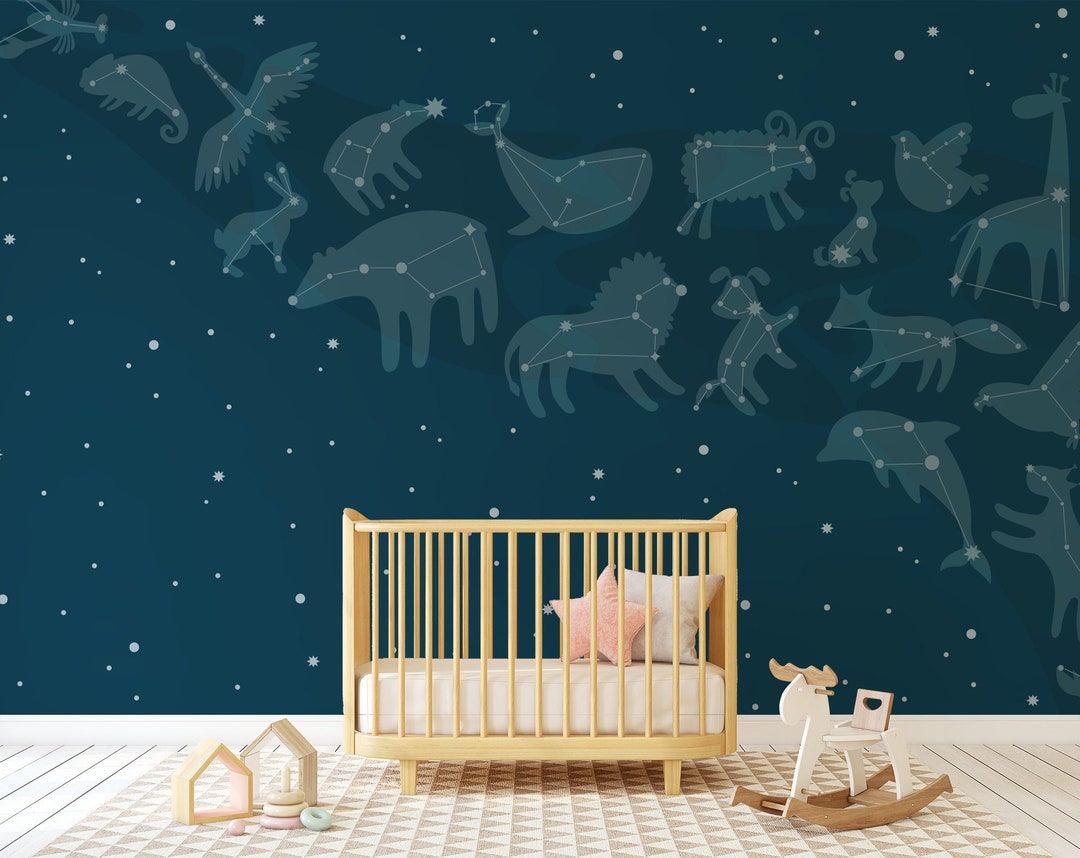 Starry Night Animal Constellation Nursery Wallpaper | Nursery Decor ...