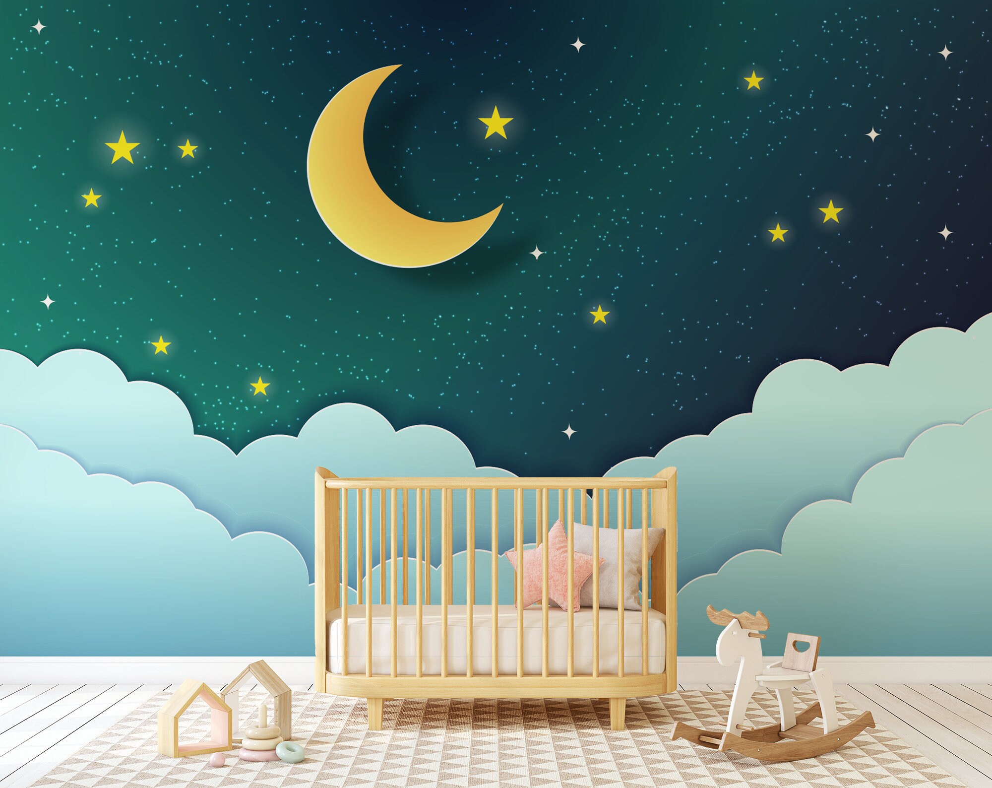 Moon and Stars in Cloudy Night Sky Nursery Wallpaper | Nursery Decor ...
