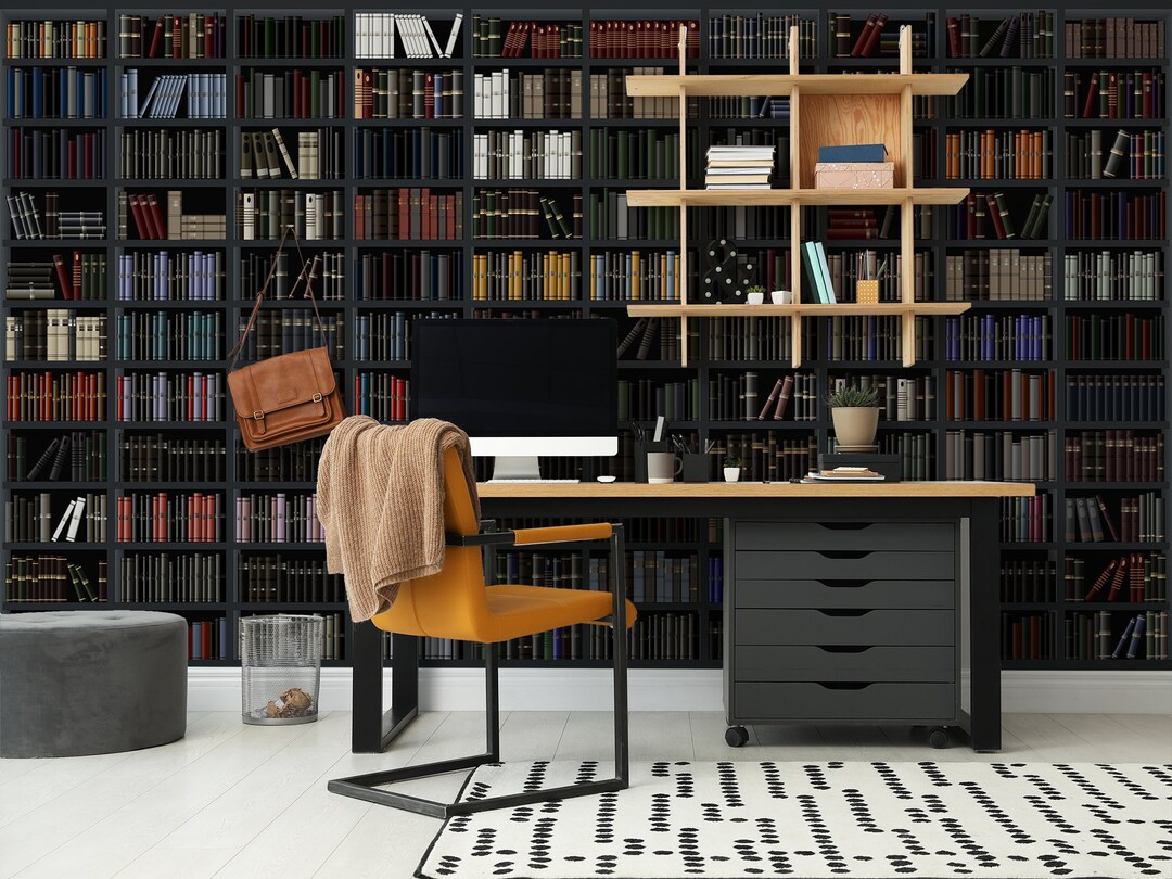 3D Black Library Books Wall Mural | Large Bookshelf Paper Wallpaper ...