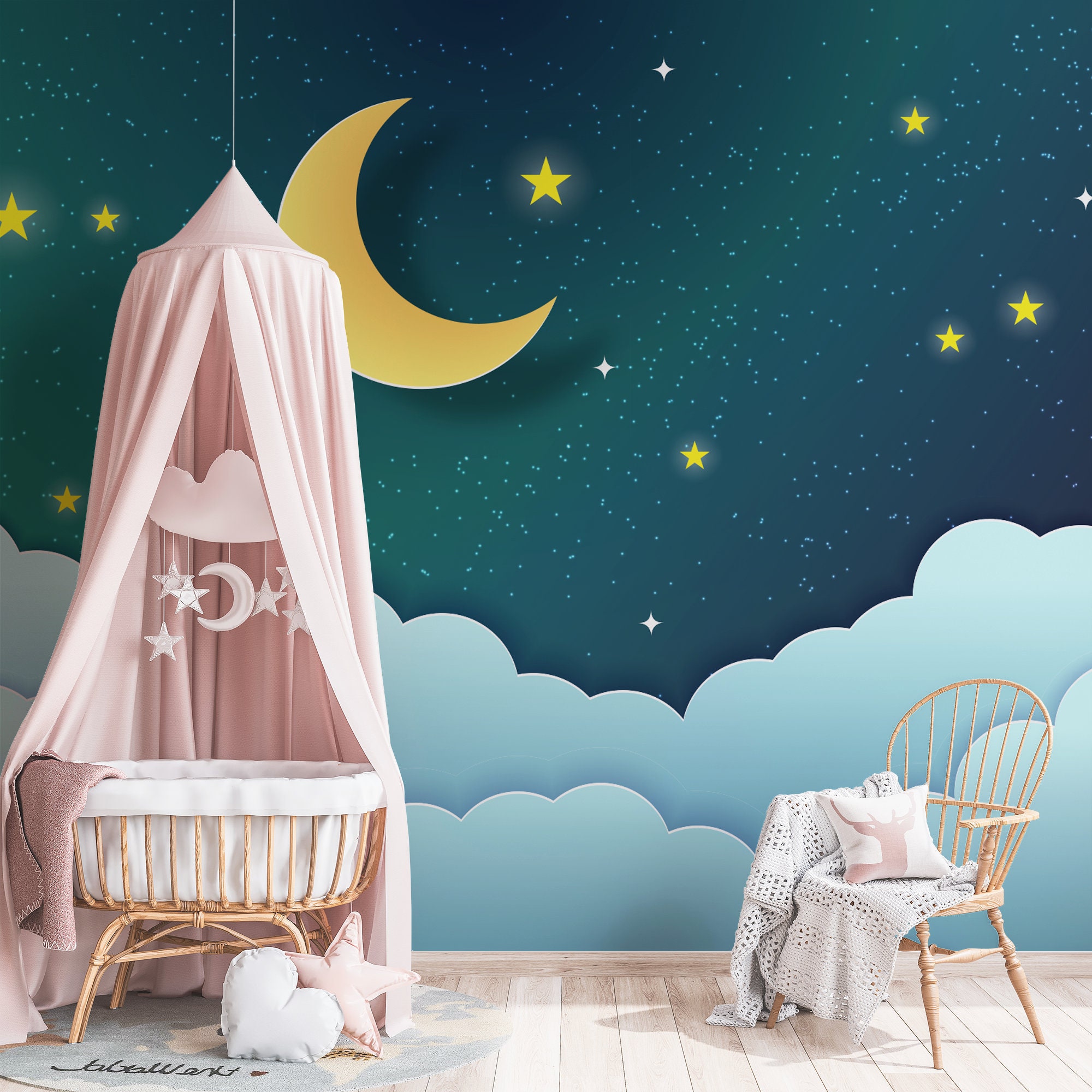 Moon and Stars in Cloudy Night Sky Nursery Wallpaper | Nursery Decor ...