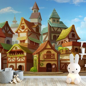Fantasy Cartoon Village Scene Wall Mural | Blue Sky Dnd Cottages Paper ...