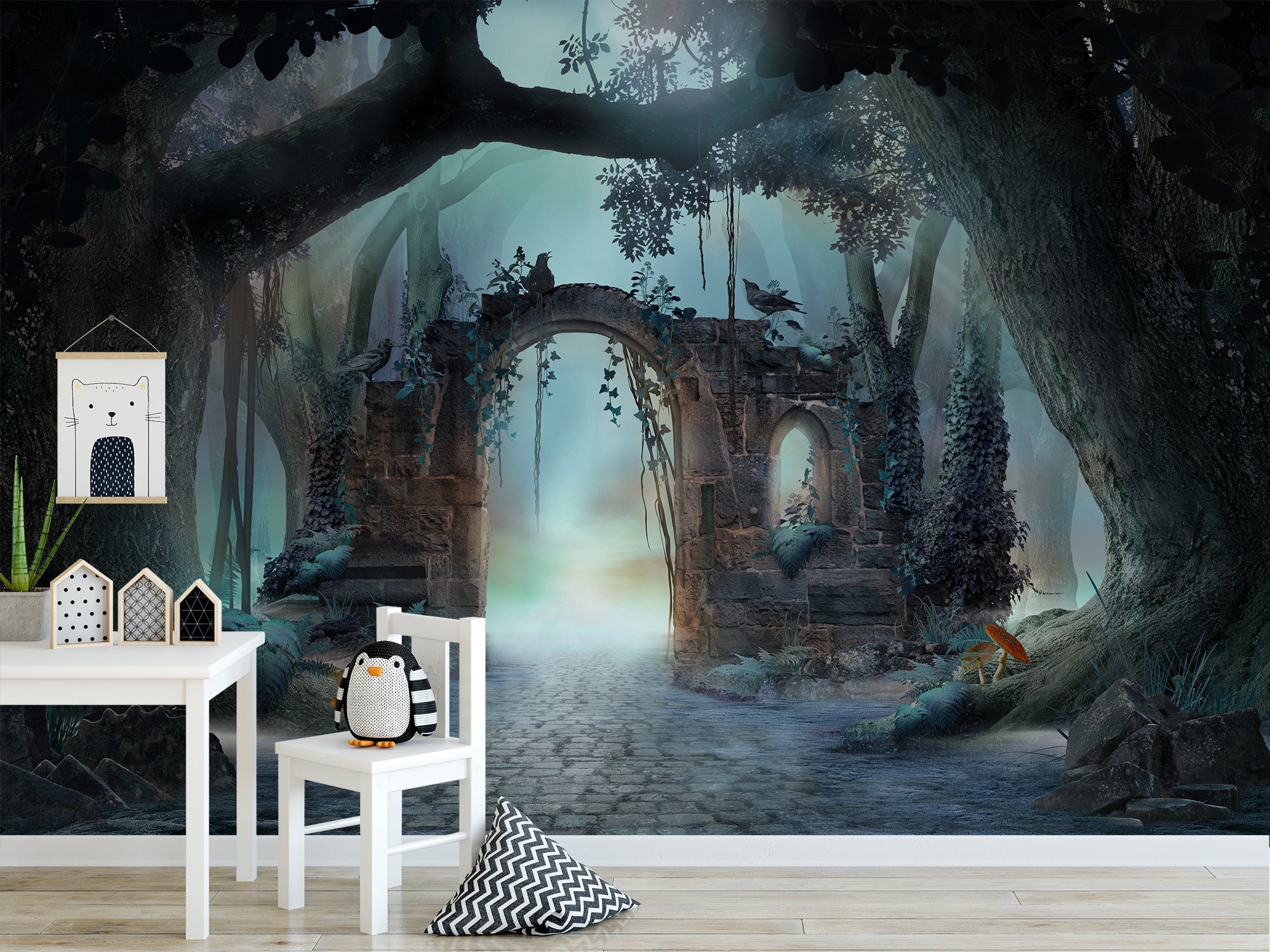 Magical Fairy Forest Wall Mural | Fantasy Green and Blue Elven Ruins ...
