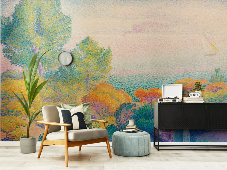 Pointillism Painting Wall Mural | Landscape Art Wallpaper | Easy DIY ...