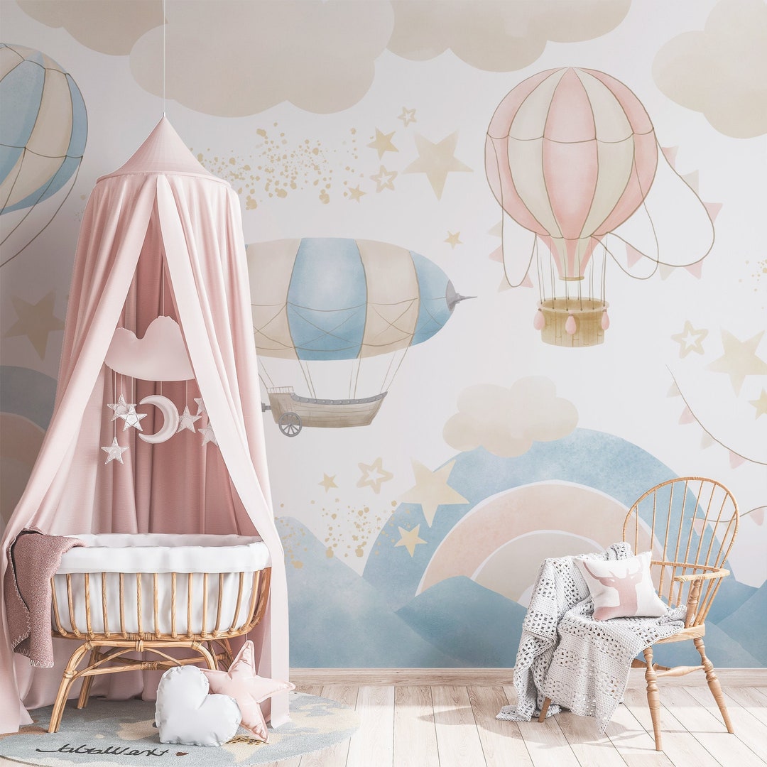 Blue and Pink Hot Air Balloon and Blimp Nursery Wallpaper | Nursery ...