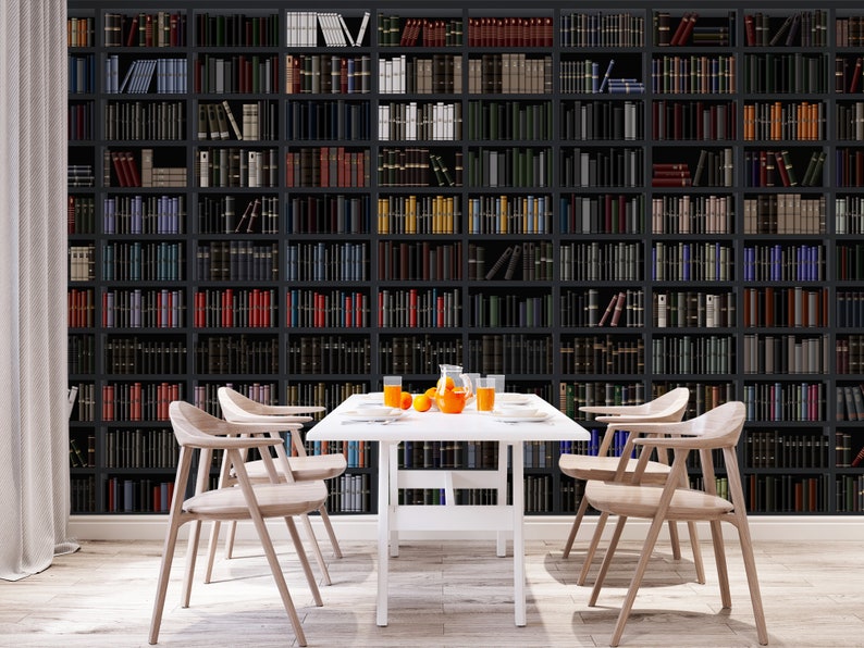 3D Black Library Books Wall Mural | Large Bookshelf Paper Wallpaper ...