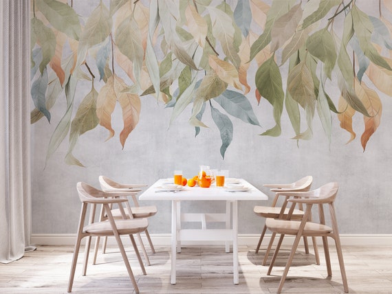 Modern Leaf Wall Mural Cement Texture With Hanging Plants - Etsy