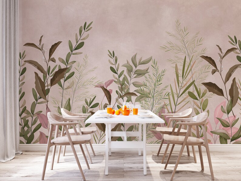 Rustic Warm Floral Wall Mural | Neutral Boho Flowers Paper Wallpaper ...