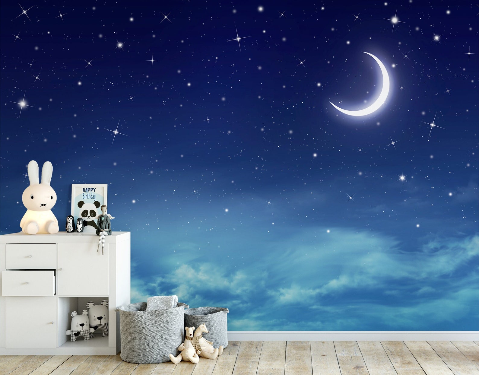 Kids Room and Playroom Wallpaper Mural | Crescent Moon and Stars Night ...